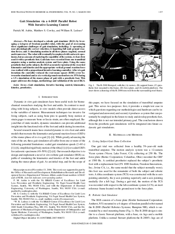 Pdf Gait Simulation Via A 6 Dof Parallel Robot With Iterative Learning Control 