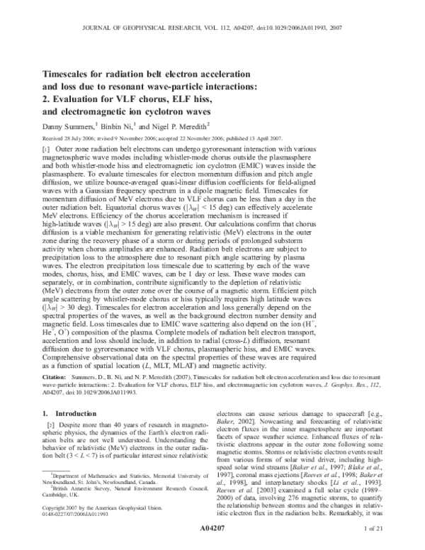 (PDF) Timescales for Radiation Belt Electron Acceleration and Loss Due to Resonant Wave-Particle ...