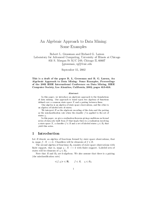 (PDF) An Algebraic Approach to Data Mining: Some Examples | Richard ...