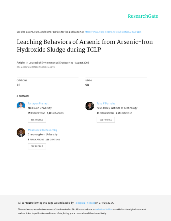 (PDF) Leaching Behaviors of Arsenic From Arsenic-Iron Hydroxide Sludge ...