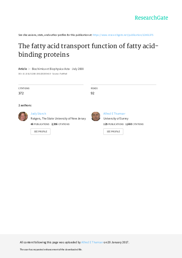 (PDF) The Fatty Acid Transport Function of Fatty Acid-Binding Proteins
