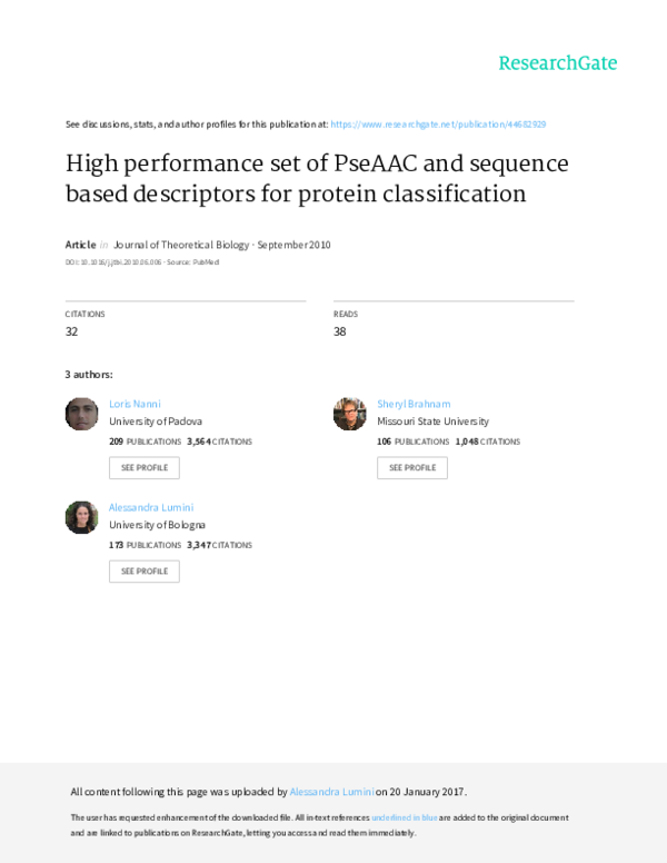 Pdf High Performance Set Of Pseaac And Sequence Based Descriptors For Protein Classification