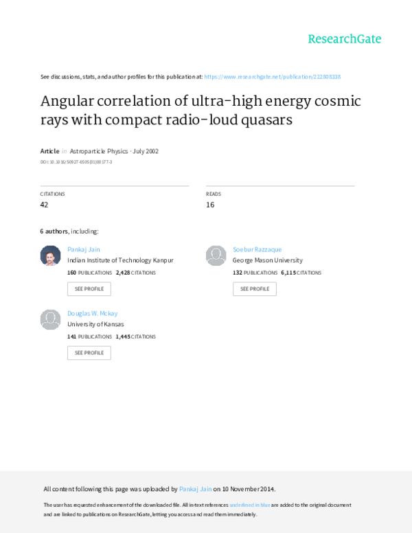 (PDF) Angular correlation of ultra-high energy cosmic rays with compact radio-loud quasars