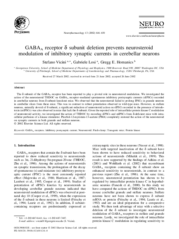 (PDF) GABAA Receptor [Delta] Subunit Deletion Prevents Neurosteroid ...