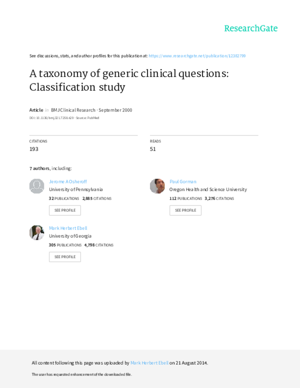 (PDF) A Taxonomy of Generic Clinical Questions: Classification Study
