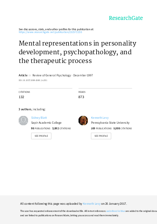 (PDF) Mental Representations In Personality Development, Psychopathology, and the Therapeutic ...