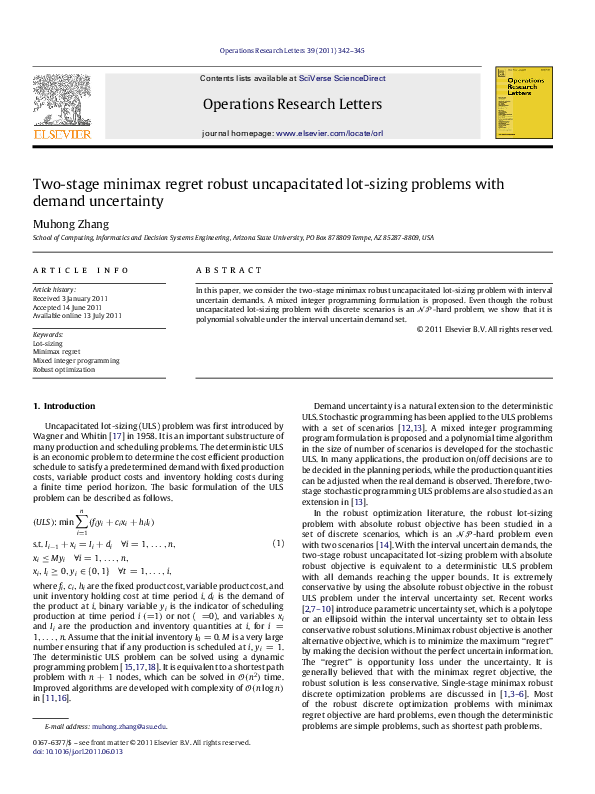 (PDF) Two-stage minimax regret robust uncapacitated lot-sizing problems with demand uncertainty
