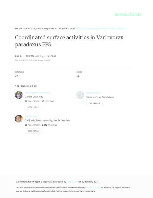 (PDF) Coordinated Surface Activities In Variovorax Paradoxus EPS