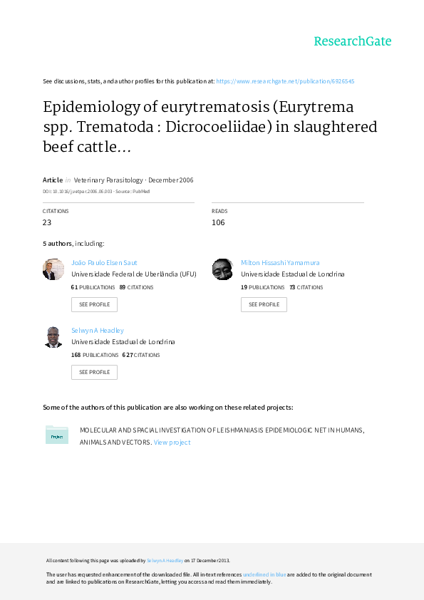(PDF) Epidemiology of eurytrematosis (Eurytrema spp. Trematoda: Dicrocoeliidae) in slaughtered ...