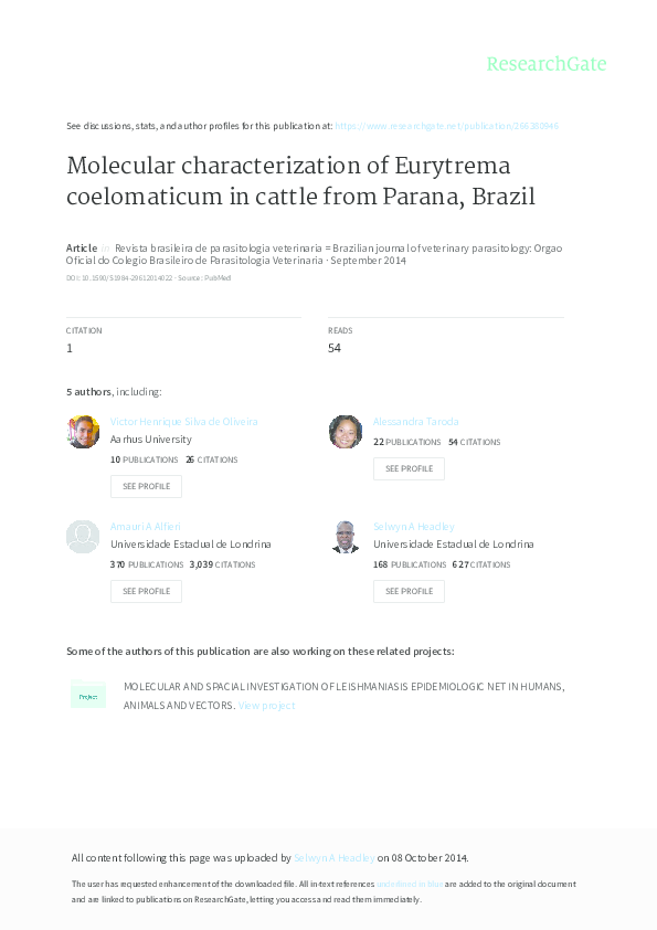 (PDF) Molecular characterization of Eurytrema coelomaticum in cattle ...