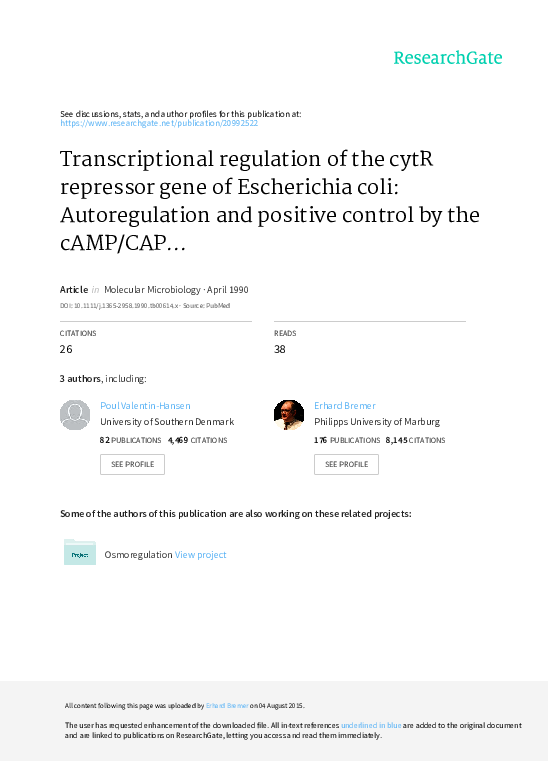 (PDF) Transcriptional regulation of the cytR repressor gene of ...