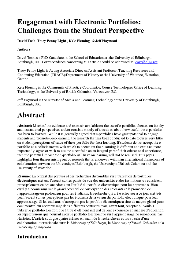 (PDF) Engagement With Electronic Portfolios: Challenges From the Student Perspective