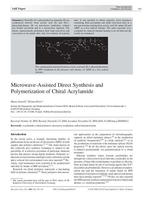 (PDF) Microwave-Assisted Direct Synthesis and Polymerization of Chiral ...