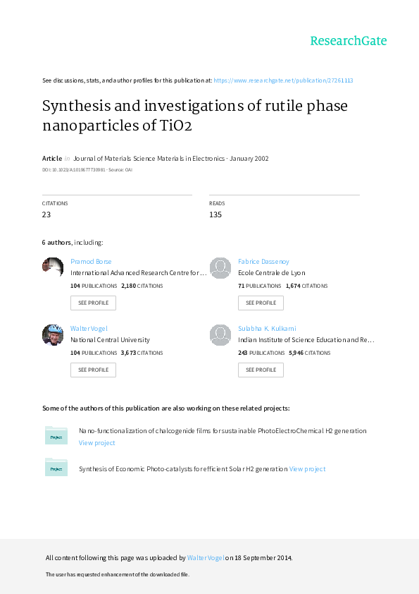 Pdf Synthesis And Investigations Of Rutile Phase Nanoparticles Of Tio 2