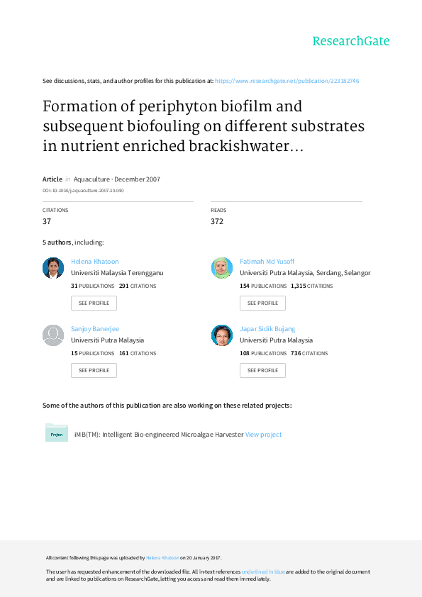 (PDF) Formation of Periphyton Biofilm and Subsequent Biofouling on ...