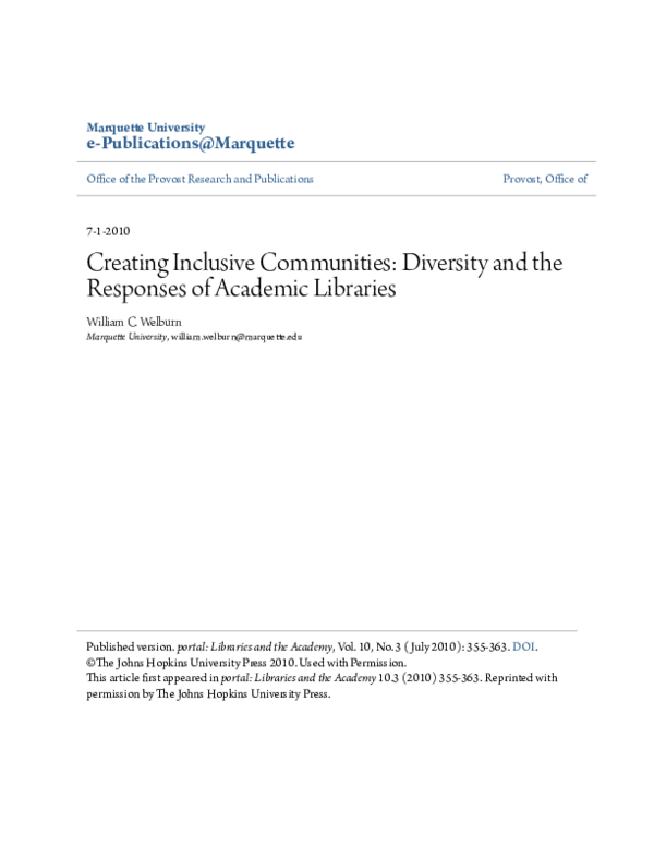 (PDF) Creating Inclusive Communities: Diversity and the Responses of ...