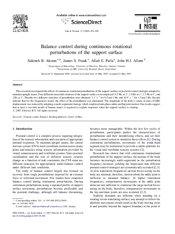 (PDF) Balance Control During Continuous Rotational Perturbations of the ...