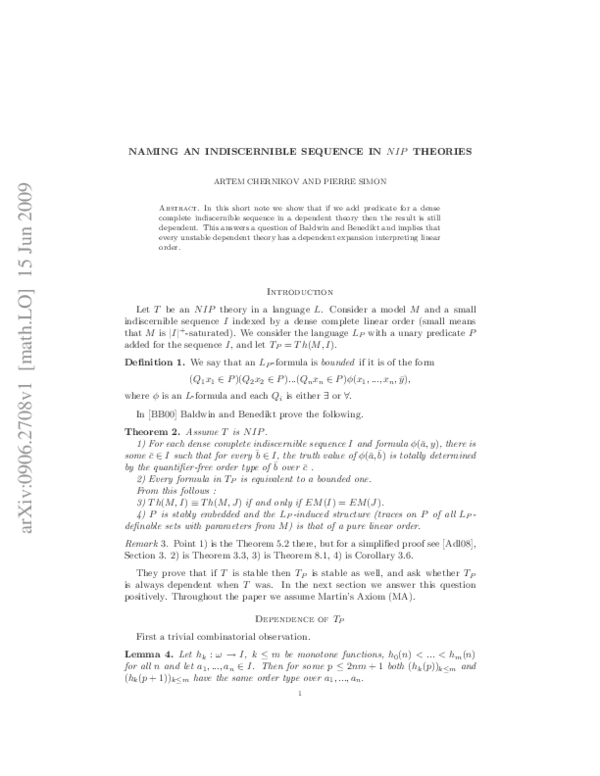 (PDF) Naming An Indiscernible Sequence In NIP Theories