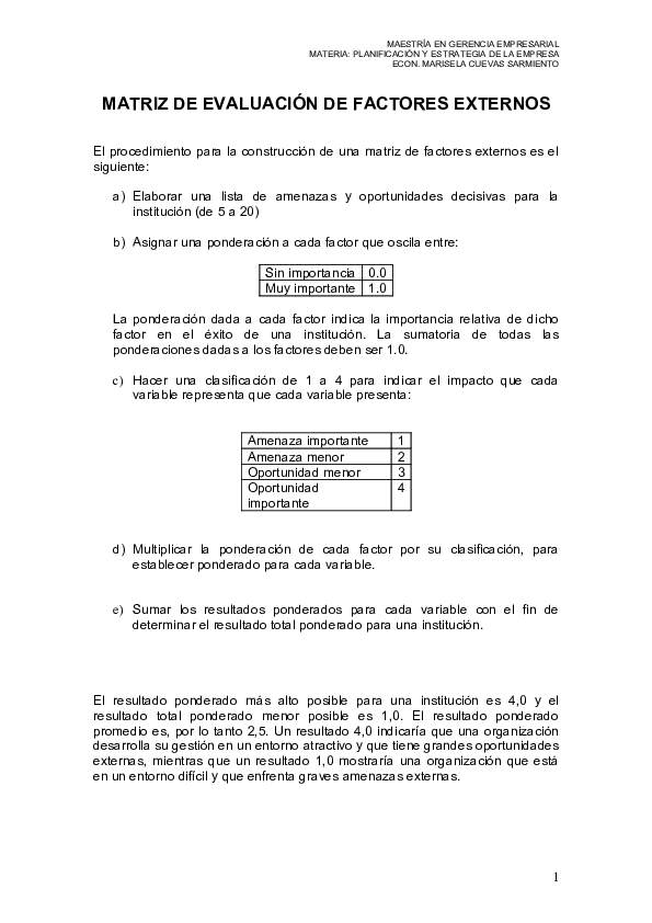 (PDF) MATRIZ DE EVALUACIÓN DE FACTORES EXTERNOS