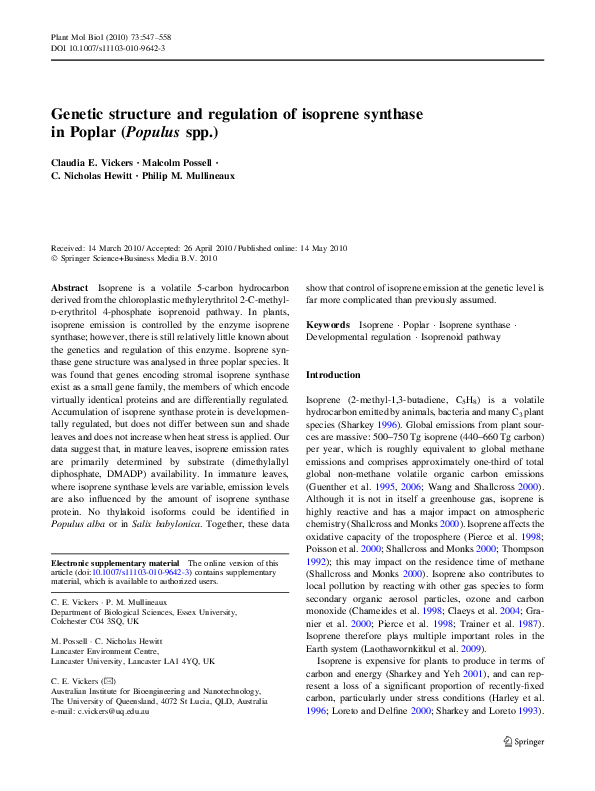 (PDF) Genetic Structure and Regulation of Isoprene Synthase In Poplar ...