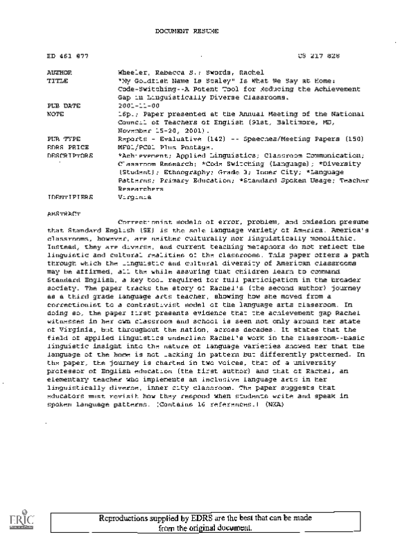 (PDF) My Goldfish Name Is Scaley" Is What We Say at Home: Code ...