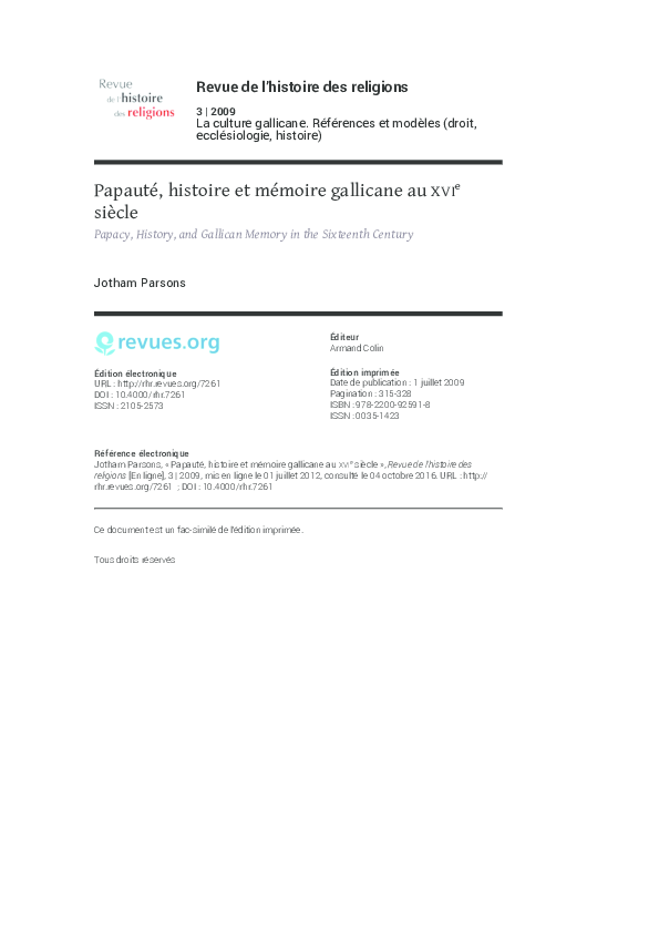 (PDF) Papauté, histoire et mémoire gallicane au xvie siècle