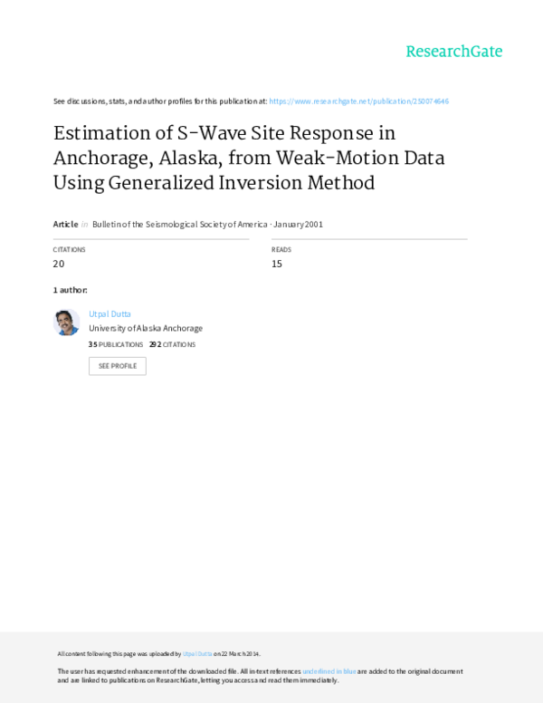 (PDF) Estimation of S-Wave Site Response in Anchorage, Alaska, from Weak-Motion Data Using ...