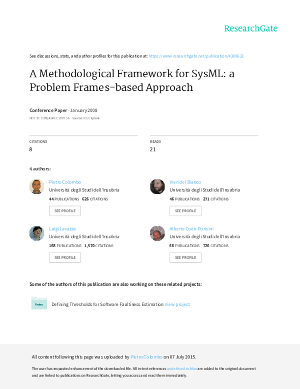 Pdf A Methodological Framework For Sysml A Problem Frames Based Approach