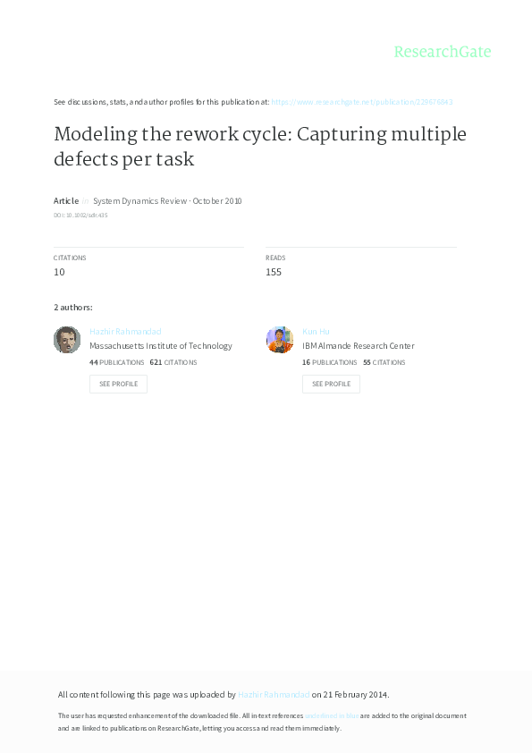 (PDF) Modeling the Rework Cycle: Capturing Multiple Defects Per Task