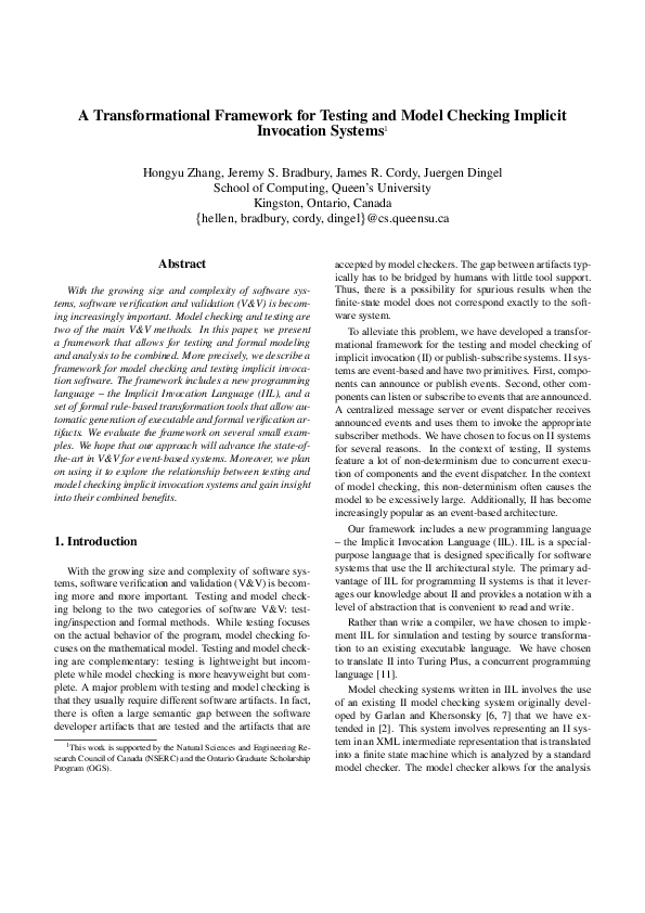 Pdf A Transformational Framework For Testing And Model Checking Implicit Invocation Systems