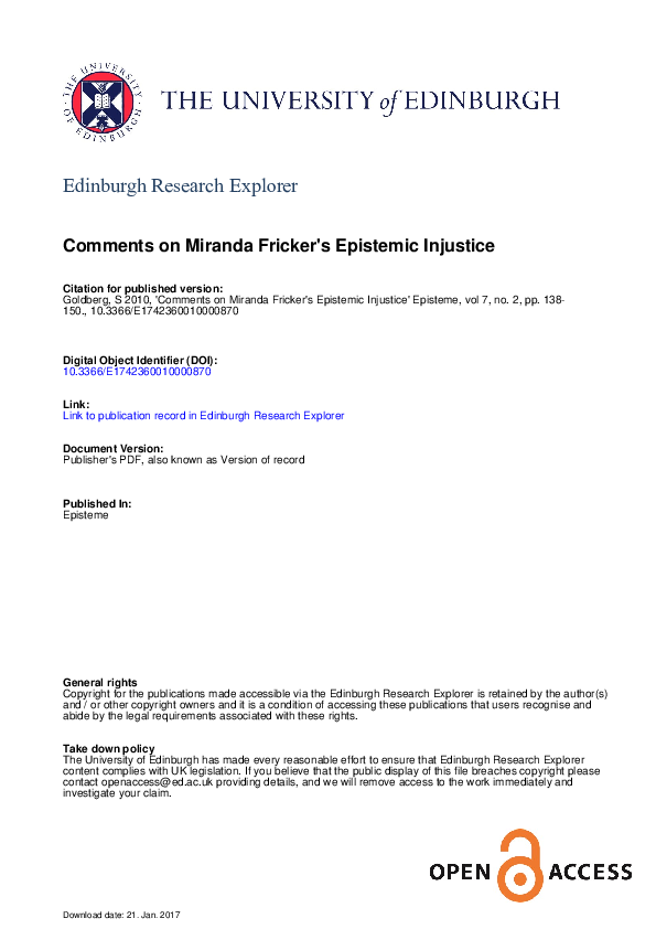 (PDF) Comments on Miranda Fricker's Epistemic Injustice
