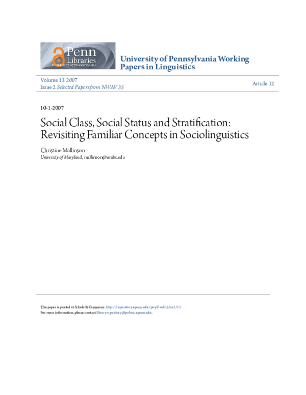 (PDF) Social Class, Social Status and Stratification: Revisiting ...