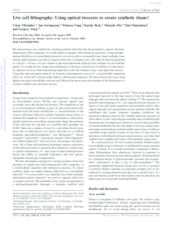 (PDF) Live cell lithography: Using optical tweezers to create synthetic ...