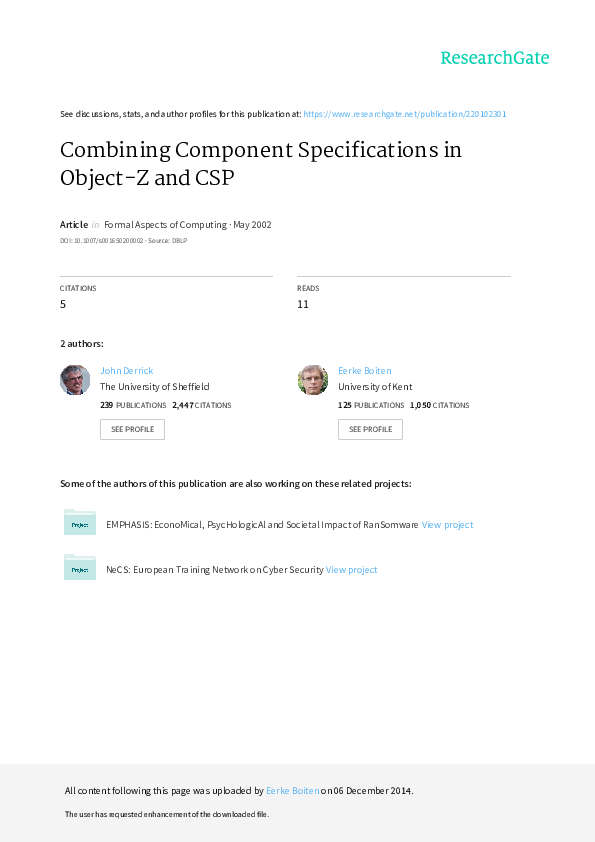 (PDF) Combining Component Specifications In Object-Z and CSP