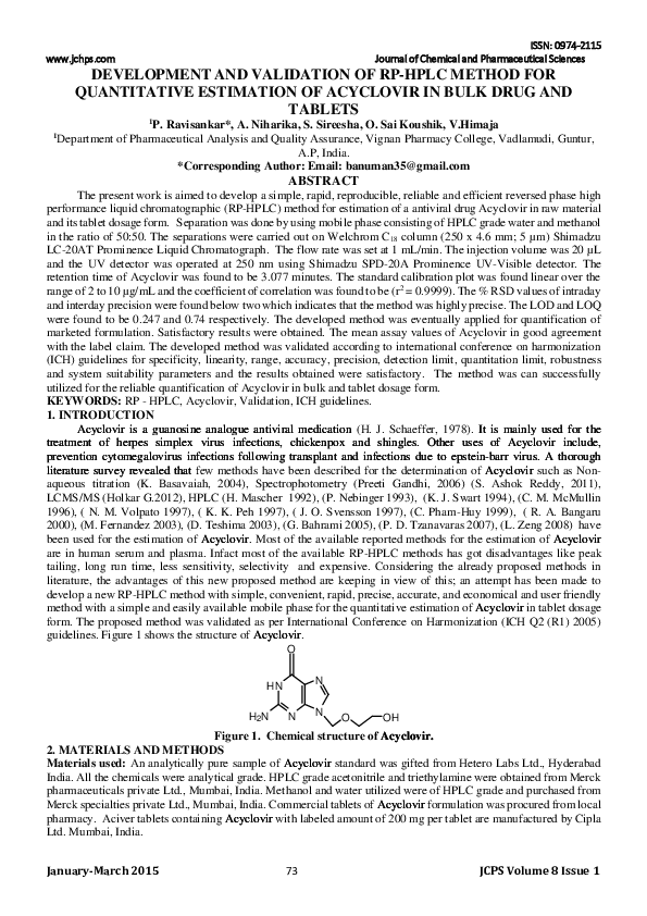 Pdf Development And Validation Of Rp Hplc Method For Quantitative Estimation Of Acyclovir In