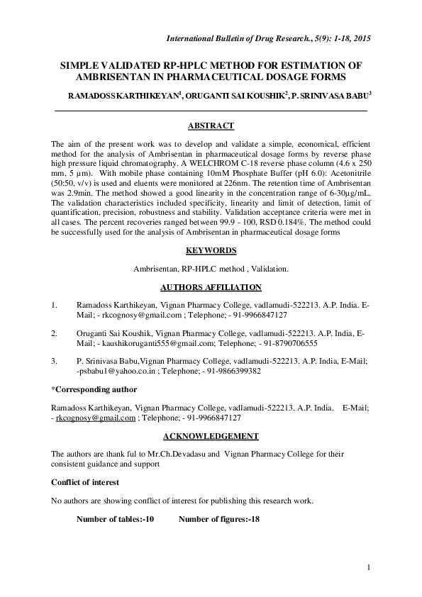 (PDF) SIMPLE VALIDATED RP-HPLC METHOD FOR ESTIMATION OF AMBRISENTAN IN PHARMACEUTICAL DOSAGE FORMS