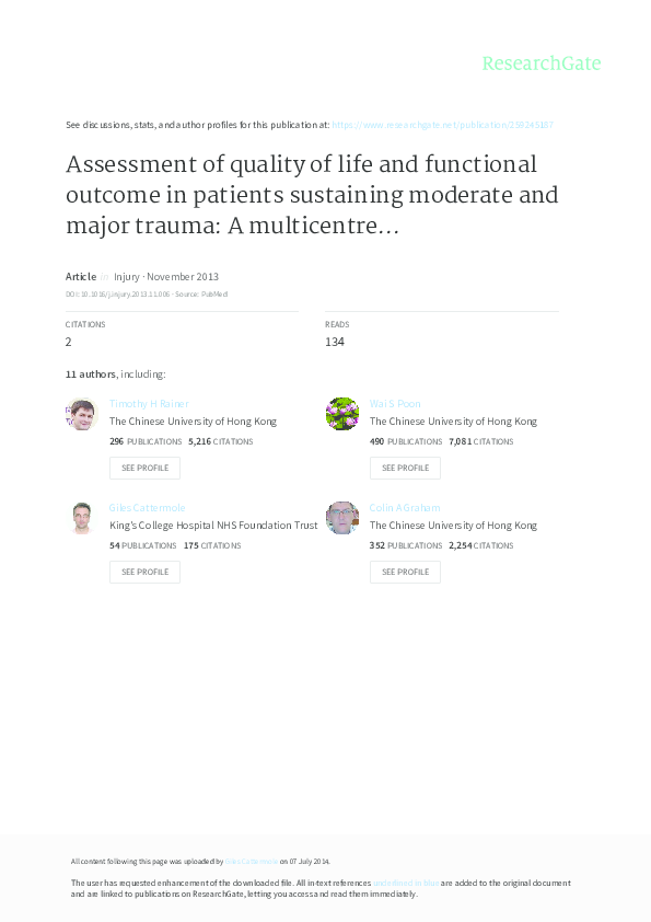 (PDF) Assessment of quality of life and functional outcome in patients ...