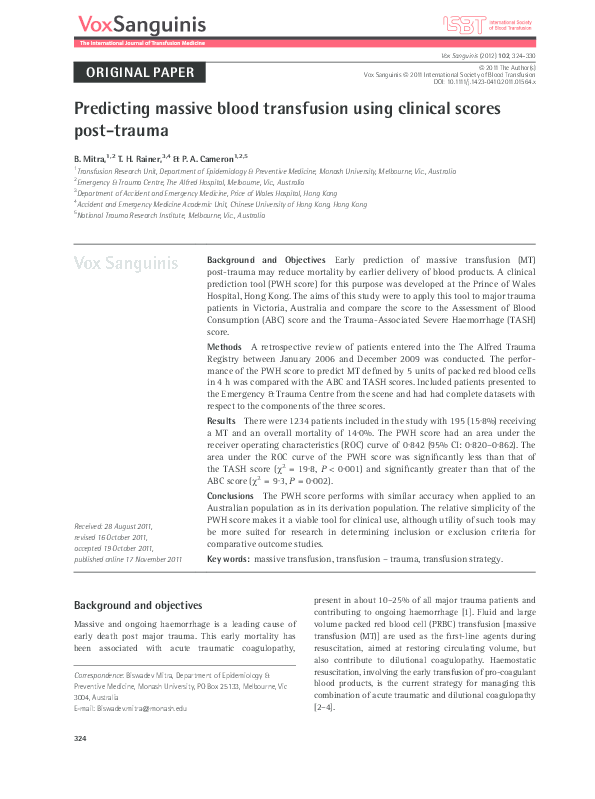 (PDF) Predicting massive blood transfusion using clinical scores post ...