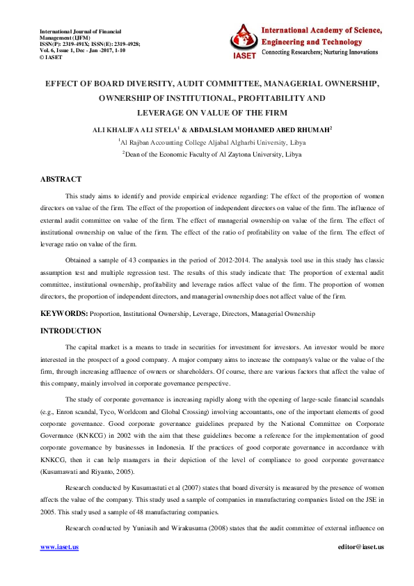 (PDF) EFFECT OF BOARD DIVERSITY, AUDIT COMMITTEE, MANAGERIAL OWNERSHIP, OWNERSHIP OF ...