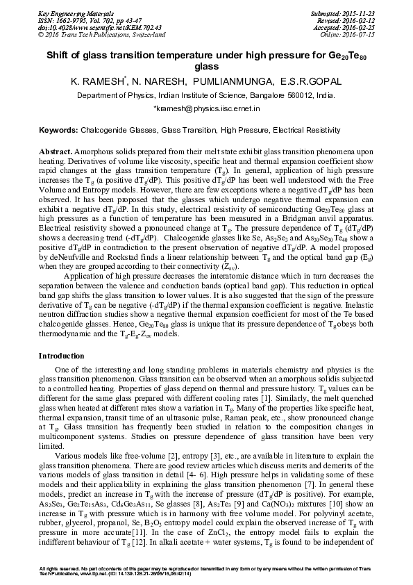 (PDF) Shift of glass transition temperature under high pressure for ...