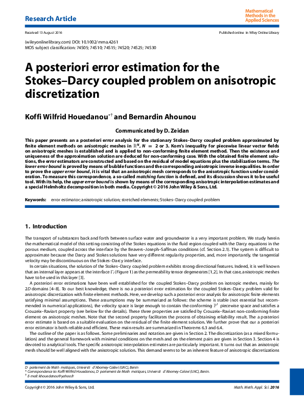 Pdf A Posteriori Error Estimation For The Stokes Darcy Coupled Problem On Anisotropic