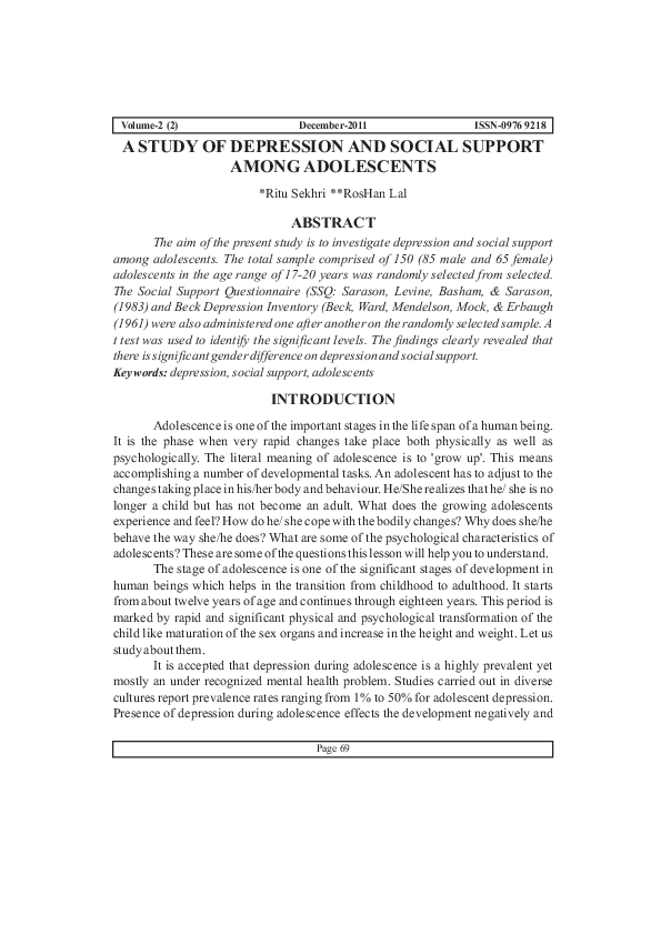 (PDF) A STUDY OF DEPRESSION AND SOCIAL SUPPORT AMONG ADOLESCENTS