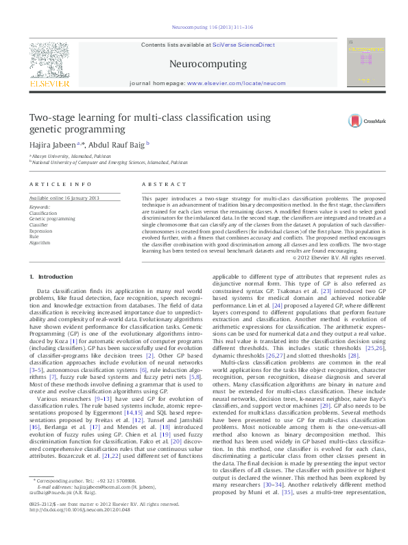 Pdf Two Stage Learning For Multi Class Classification Using Genetic
