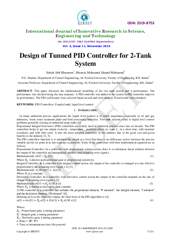 (PDF) Design of Tunned PID Controller for 2-Tank System