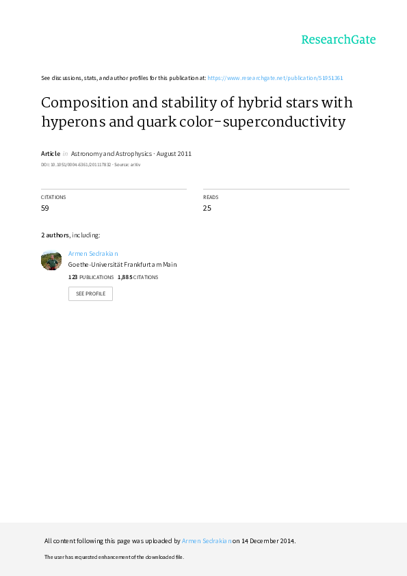 (PDF) Composition and stability of hybrid stars with hyperons and quark ...