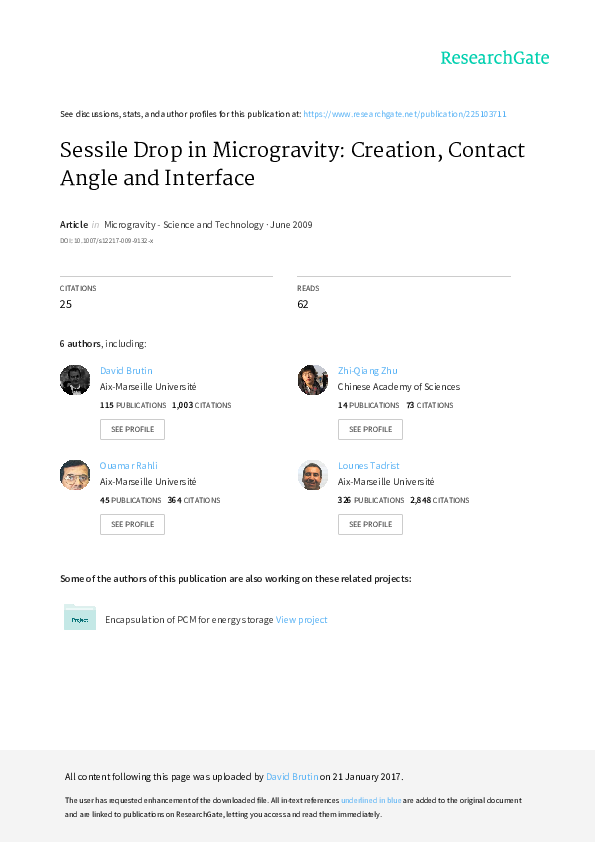 (PDF) Sessile drop in microgravity: Creation, contact angle and interface