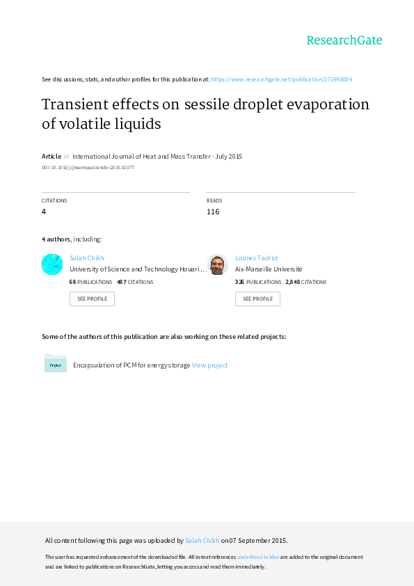 (PDF) Transient effects on sessile droplet evaporation of volatile liquids
