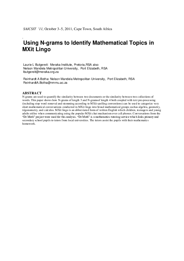 (PDF) Using N-grams to identify mathematical topics in MXit lingo ...