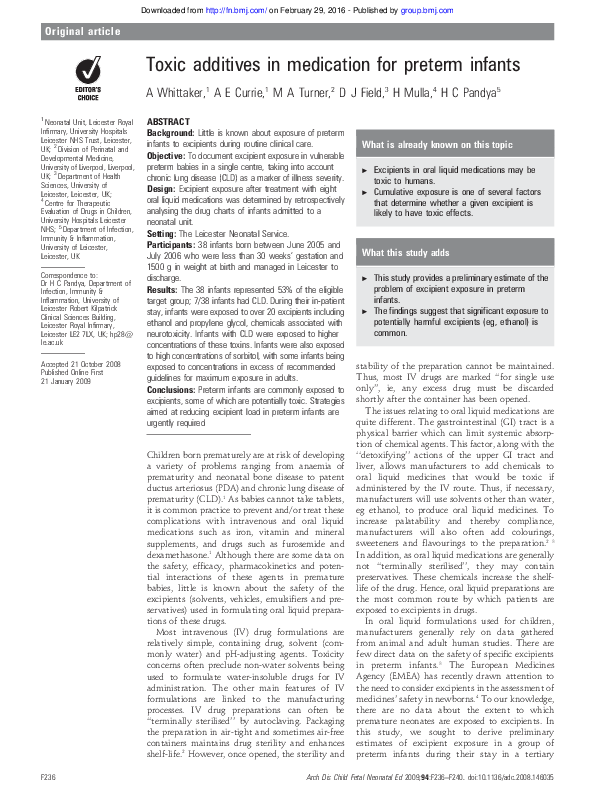 (PDF) Toxic additives in medication for preterm infants