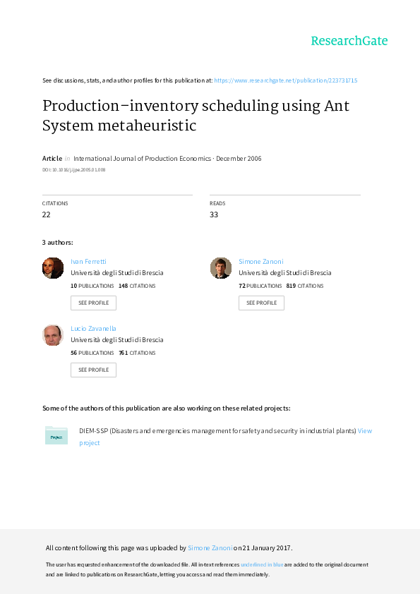 (PDF) Production–inventory scheduling using Ant System metaheuristic